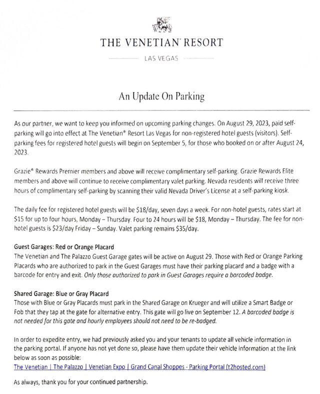 Venetian To Start Paid Self-Parking on August 29th